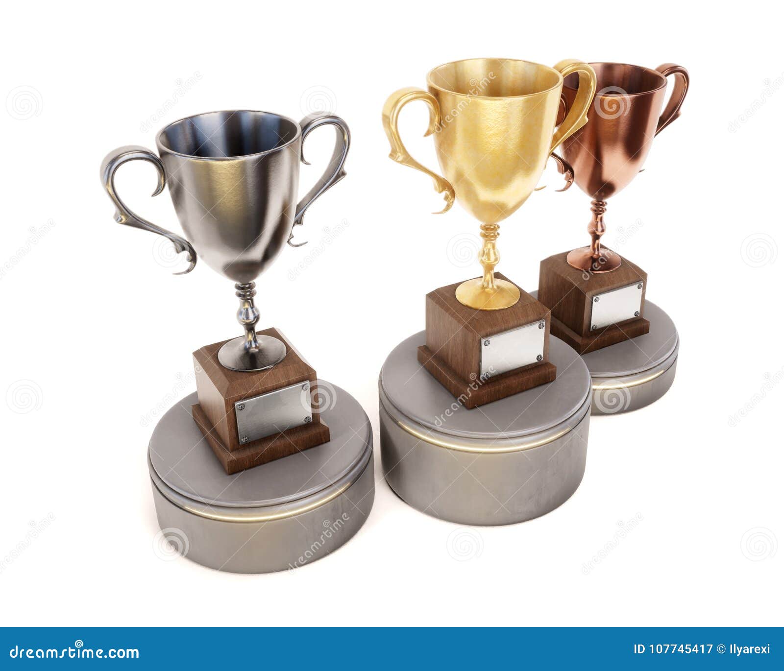 Three Cup Winners on the Podium Isolated on White Background. 3d ...