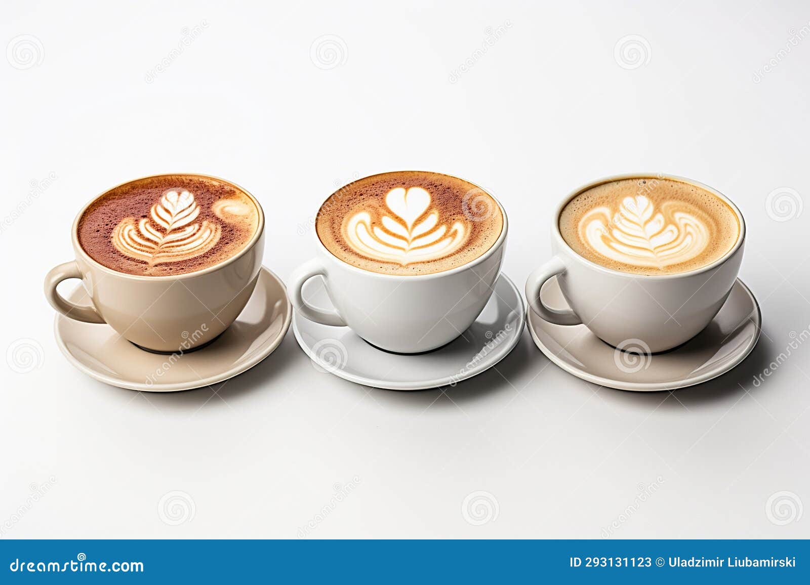 Three Cups of Coffee with Latte Art on White Background Stock ...