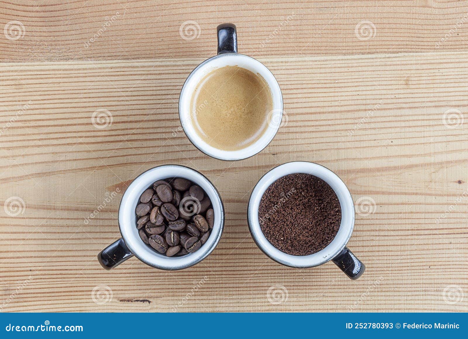 Three Cups of Coffee. One with Coffee Beans, One with Ground Coffee ...