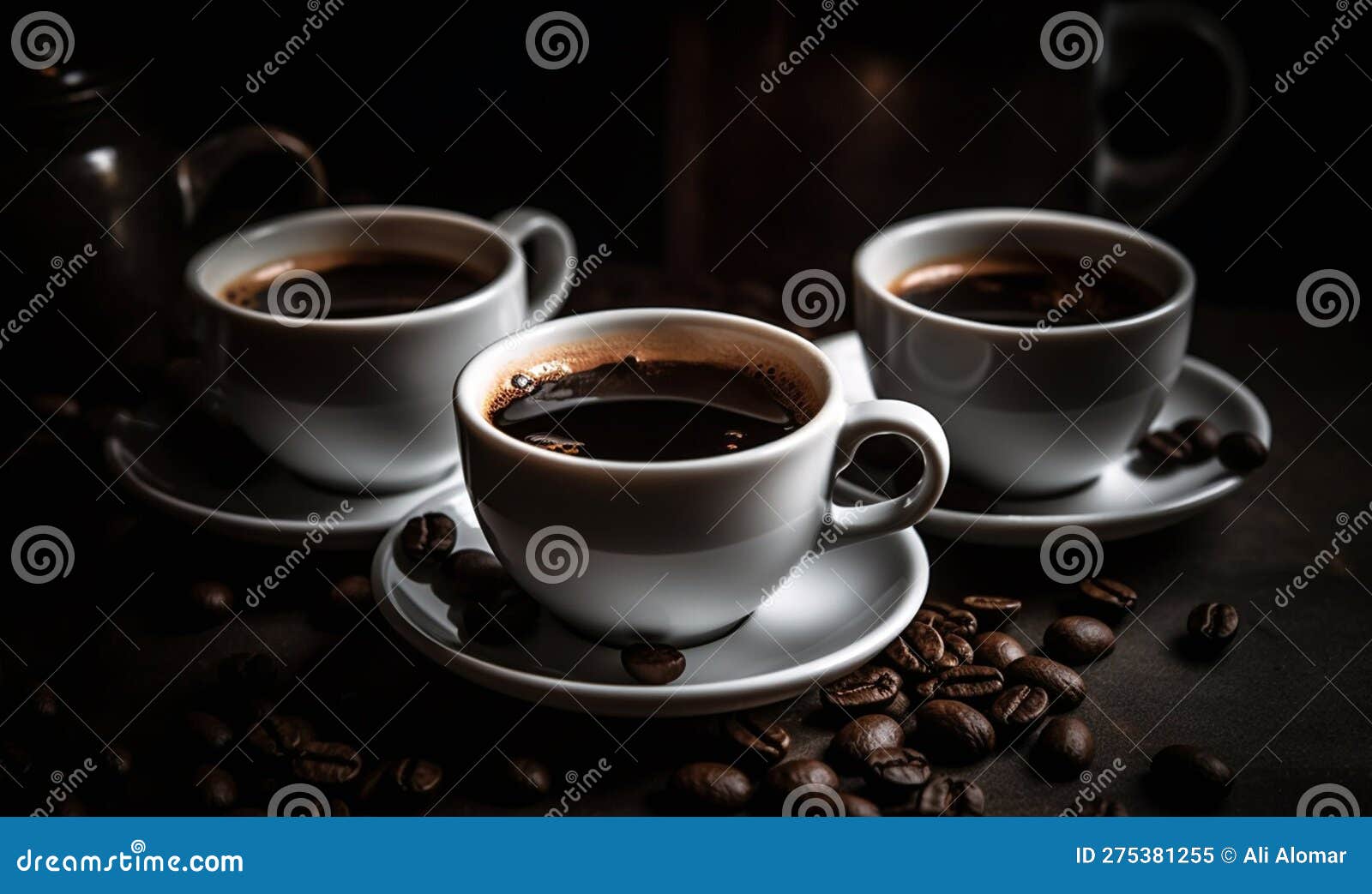 Three Cups of Coffee on a Table with Coffee Beans Stock Illustration ...