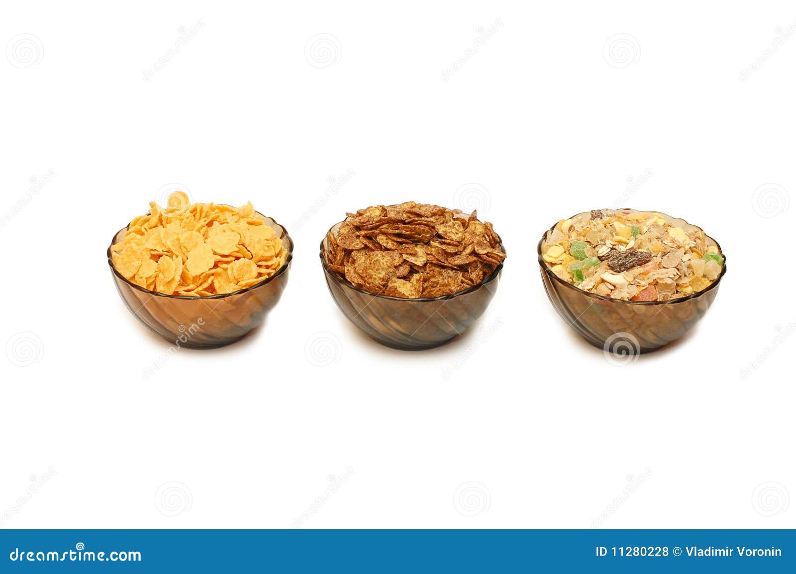 Three Cups with Different Corn Flakes Stock Photo - Image of bowl ...