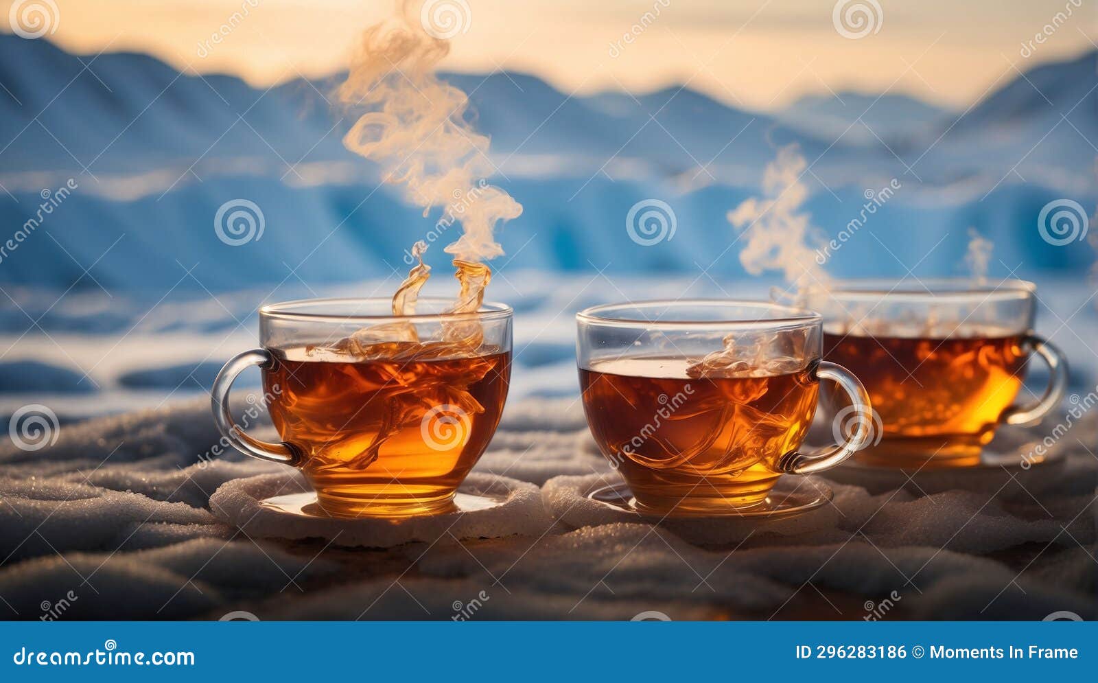 Three Cups of Tea on the Background of the Mountains and the Sunset ...