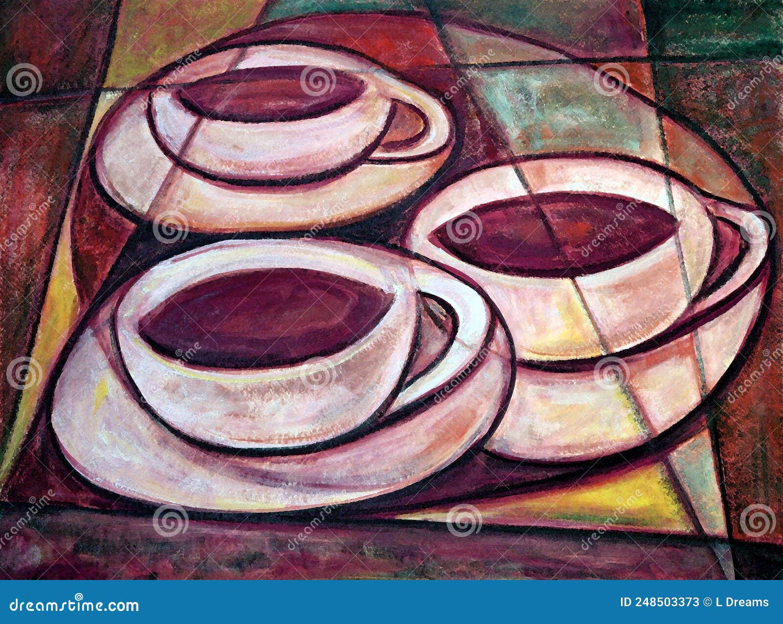 Three Cups Cubist Impressionist Painting Stock Illustration ...