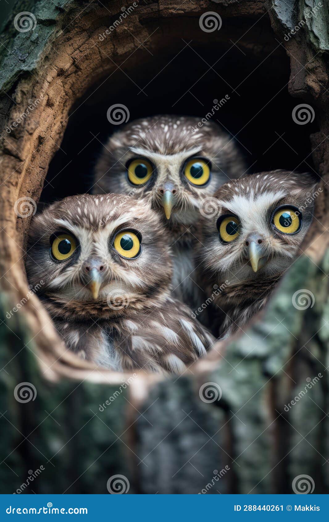 Three Curious Baby Owls Peeking Out of the Tree Hole Nest Stock ...