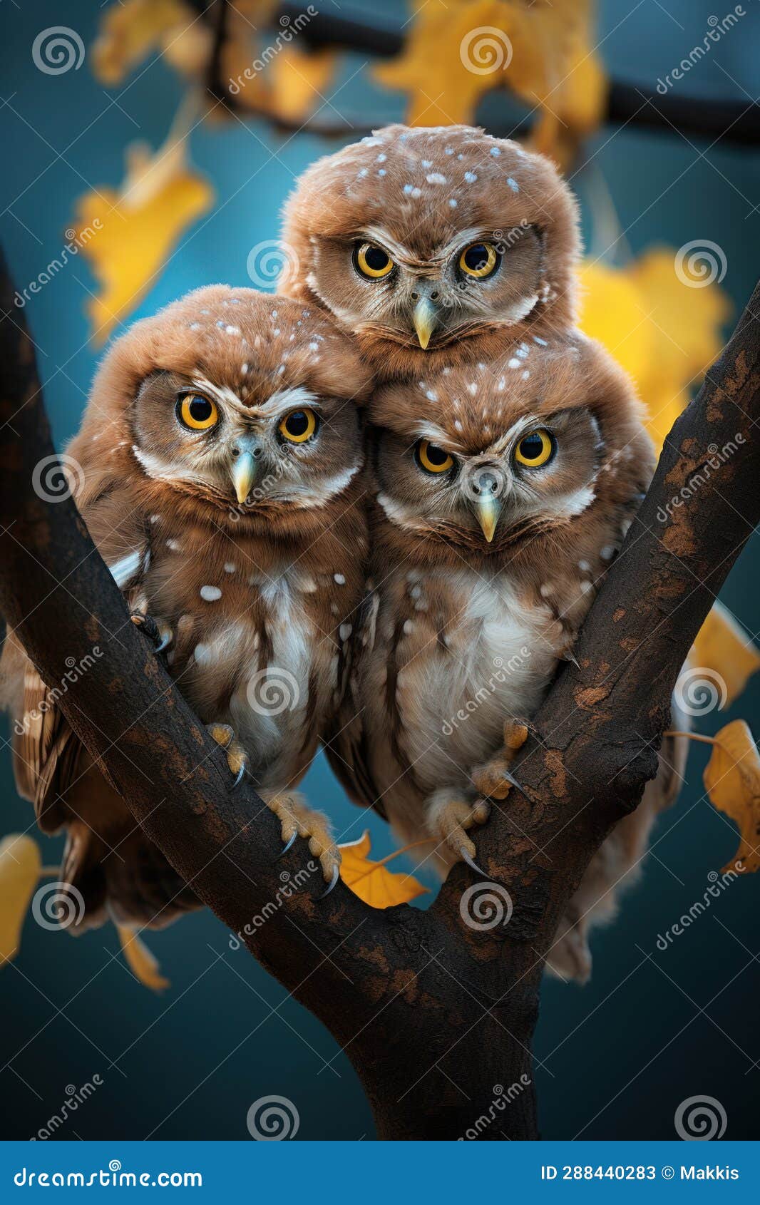 Three Curious Little Owls on Tree Branch Stock Illustration ...