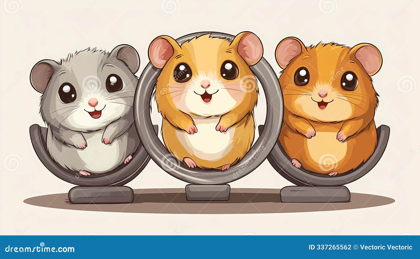 Three Cute Cartoon Hamsters Sitting in Wheels, Expressing Joy and ...