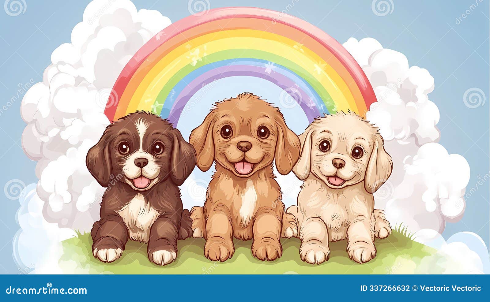 Three Cute Cartoon Puppies Sitting Under a Rainbow with Fluffy Clouds ...