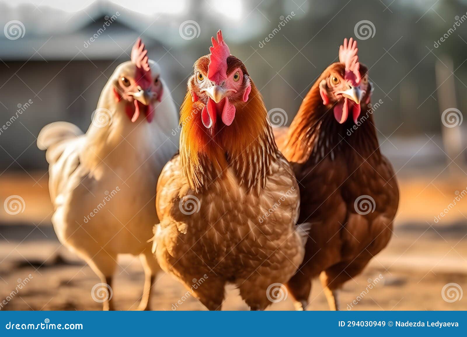 Three Cute Chickens in Nature. Stock Illustration - Illustration of ...