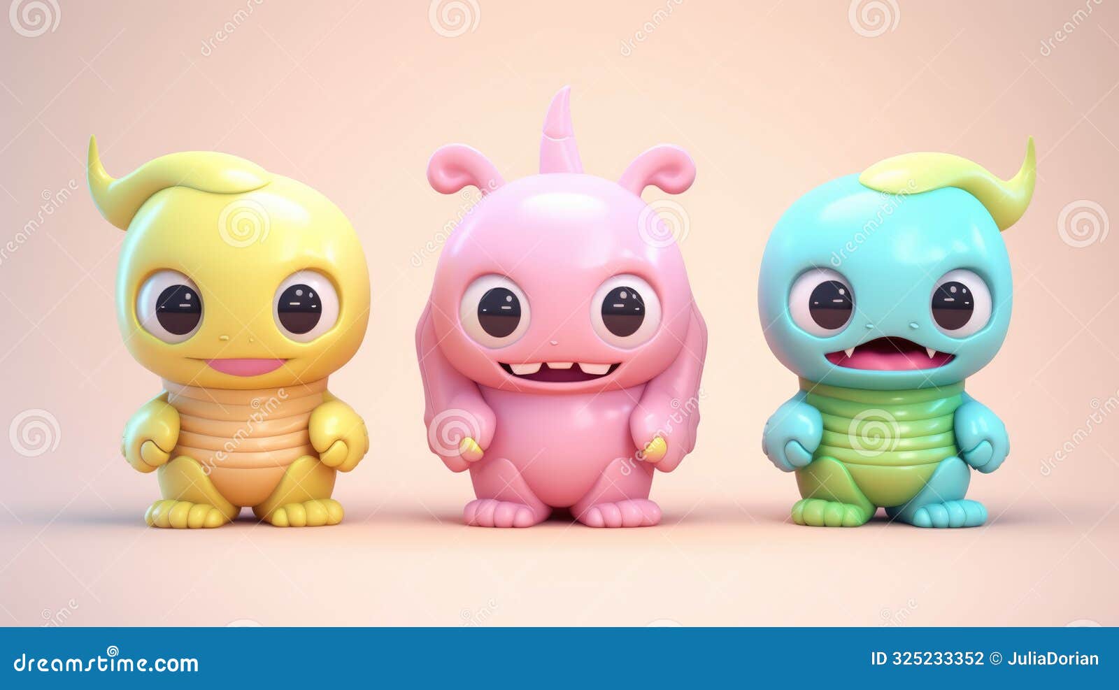 Three Cute and Colorful Little Monsters are Standing Side by Side on a ...