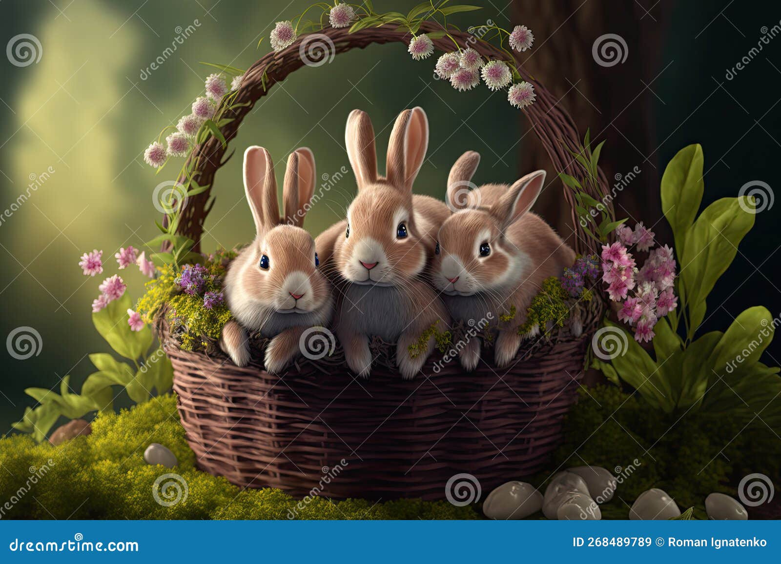 Three Cute Fluffy Rabbits in a Basket on a Lawn in the Forest among ...