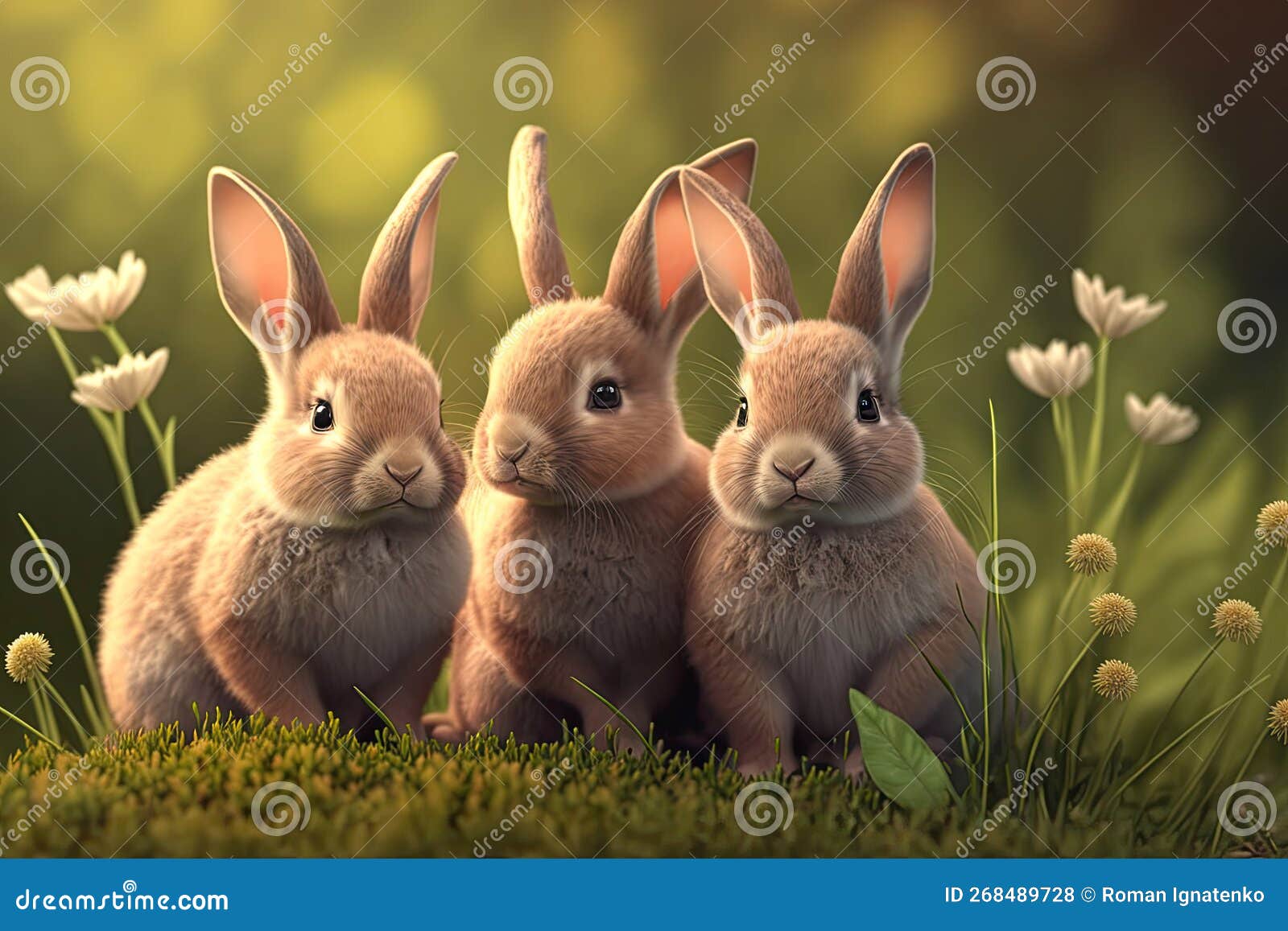 Three Cute Fluffy Rabbits on a Lawn in the Forest among Flowers Stock ...