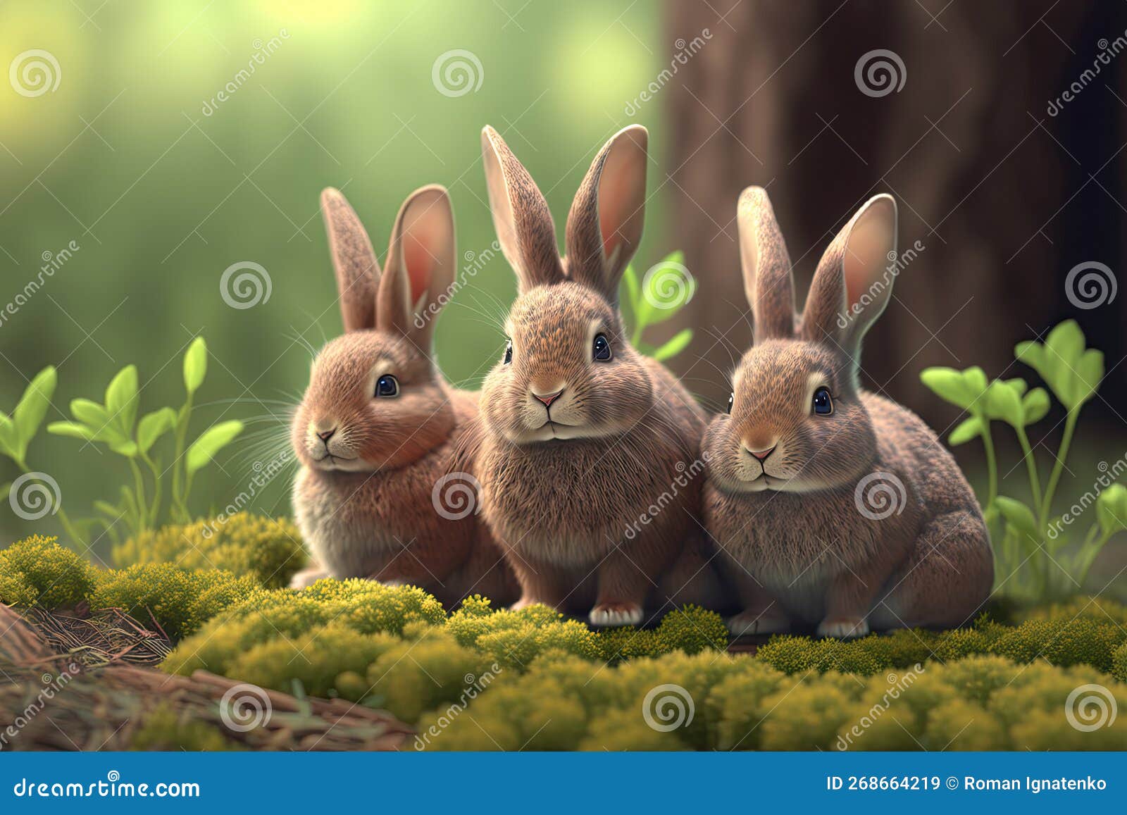 Three Cute Fluffy Rabbits on a Lawn in the Forest among Flowers Stock ...
