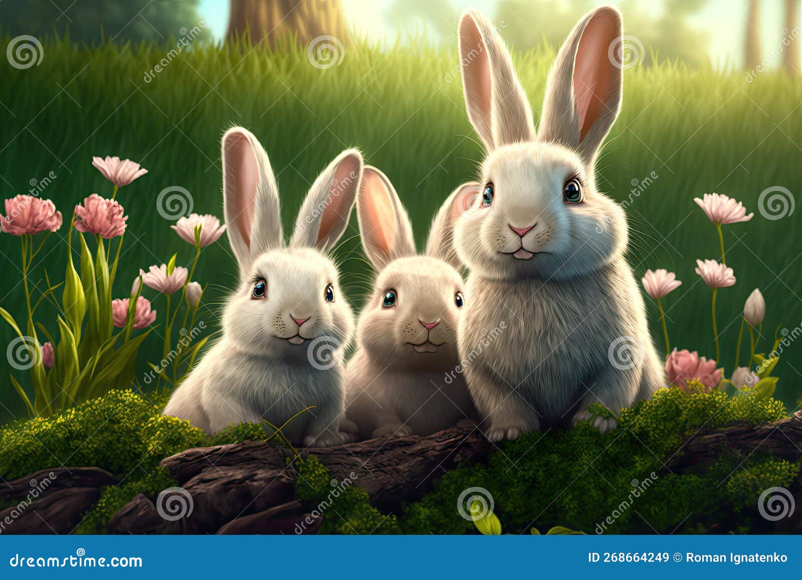 Three Cute Fluffy Rabbits on a Lawn in the Forest among Flowers Stock ...