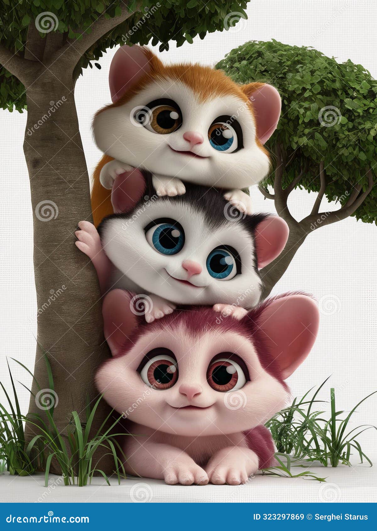 Three Cute Little Cartoon Mice are Sitting on Top of a Tree, AI Stock ...