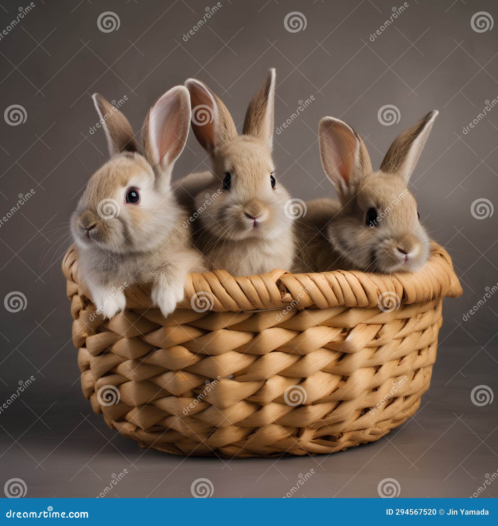 Three Cute Little Rabbits in a Wicker Basket on a Gray Background Stock ...