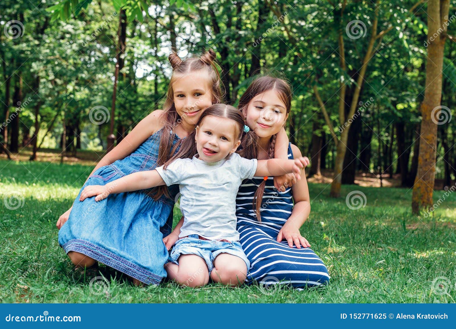 Three Cute Little Sisters Playing in Park in Sunny Summer Day Stock ...