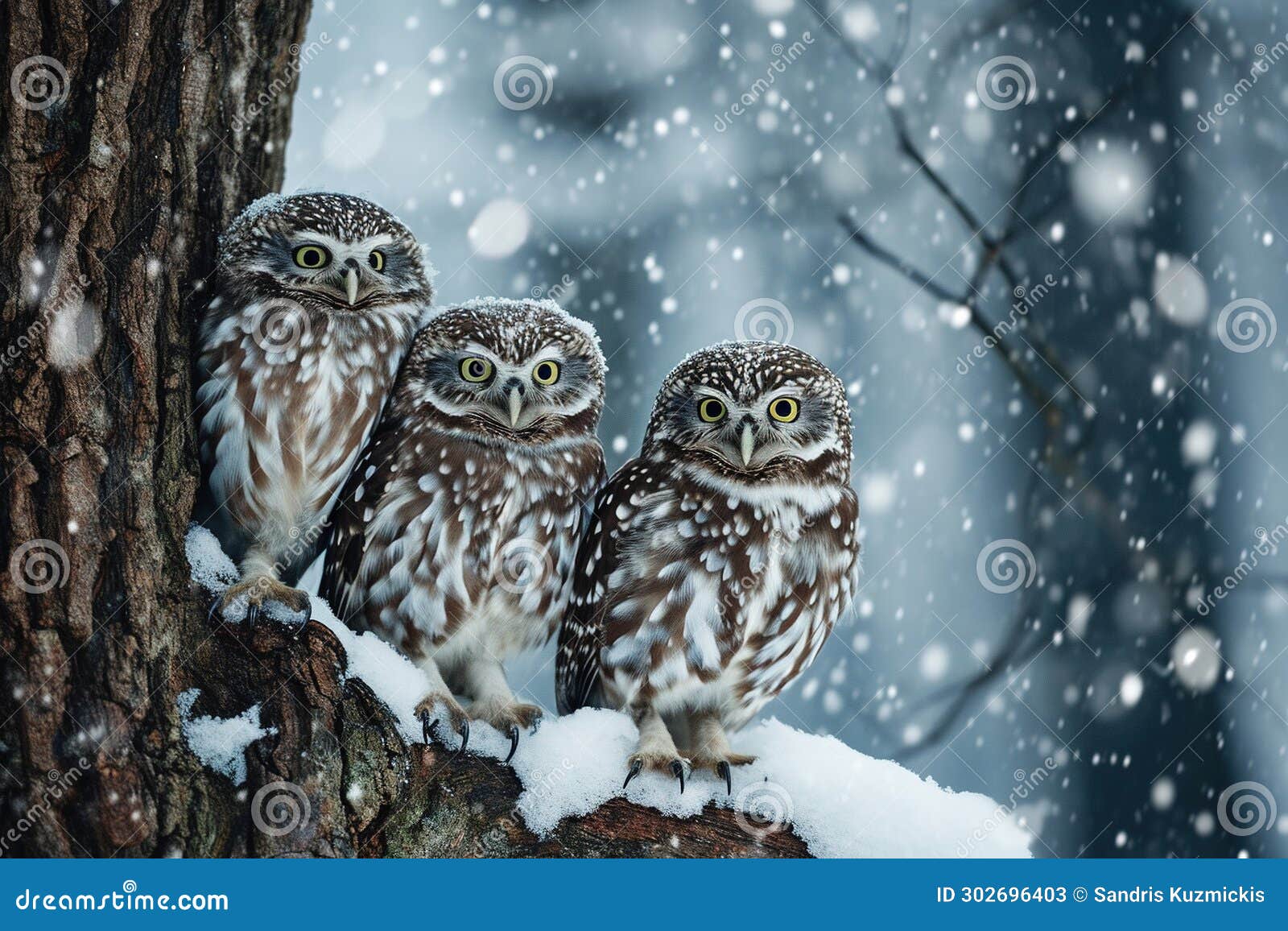 Three Cute Owl Stand on Tree Branch at Winter. Generative AI Stock ...