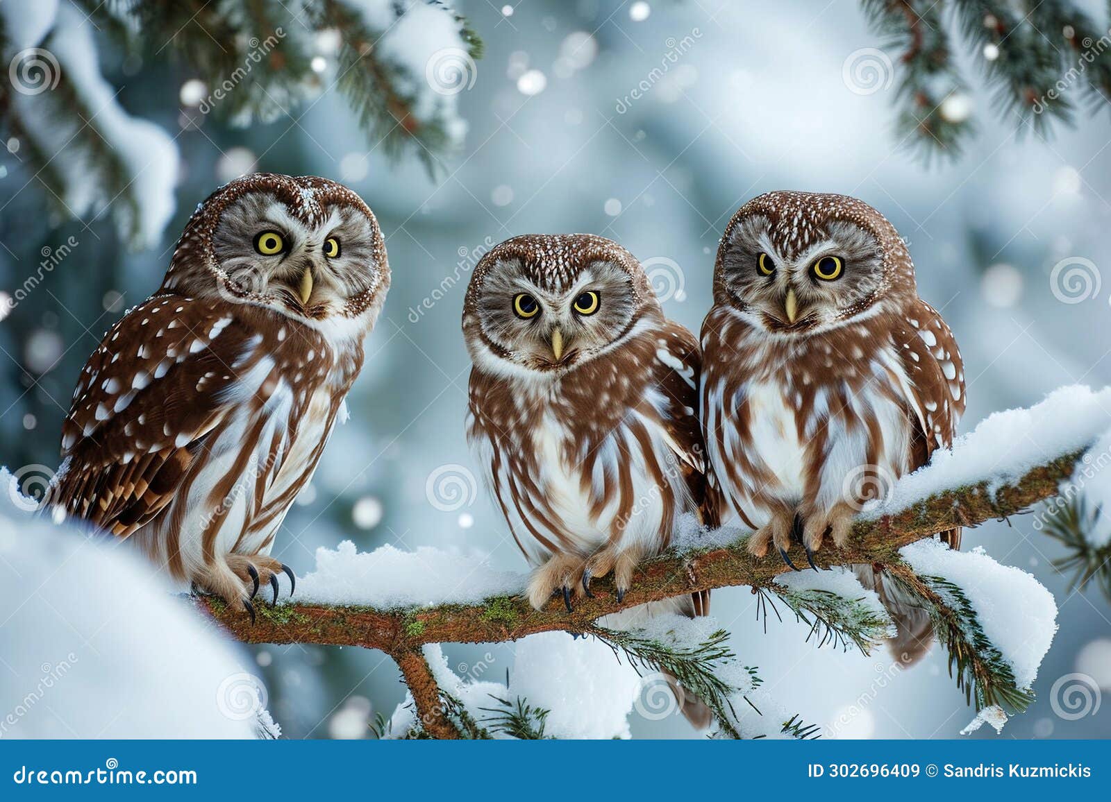 Three Cute Owl Stand on Tree Branch at Winter. Generative AI Stock ...