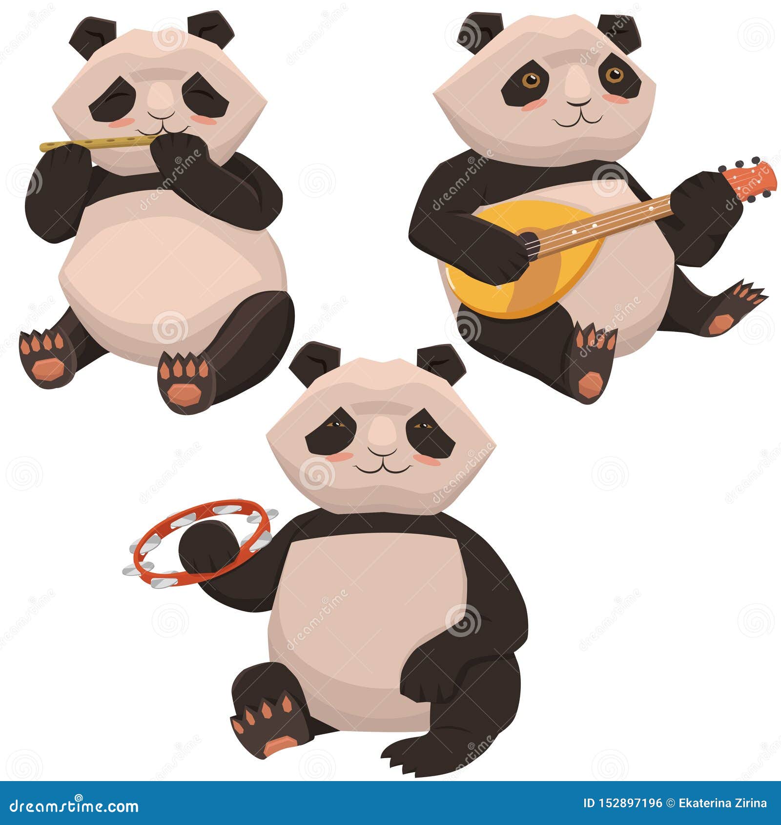 Three Cute Pandas Playing Musical Instruments. Isolates On A White ...