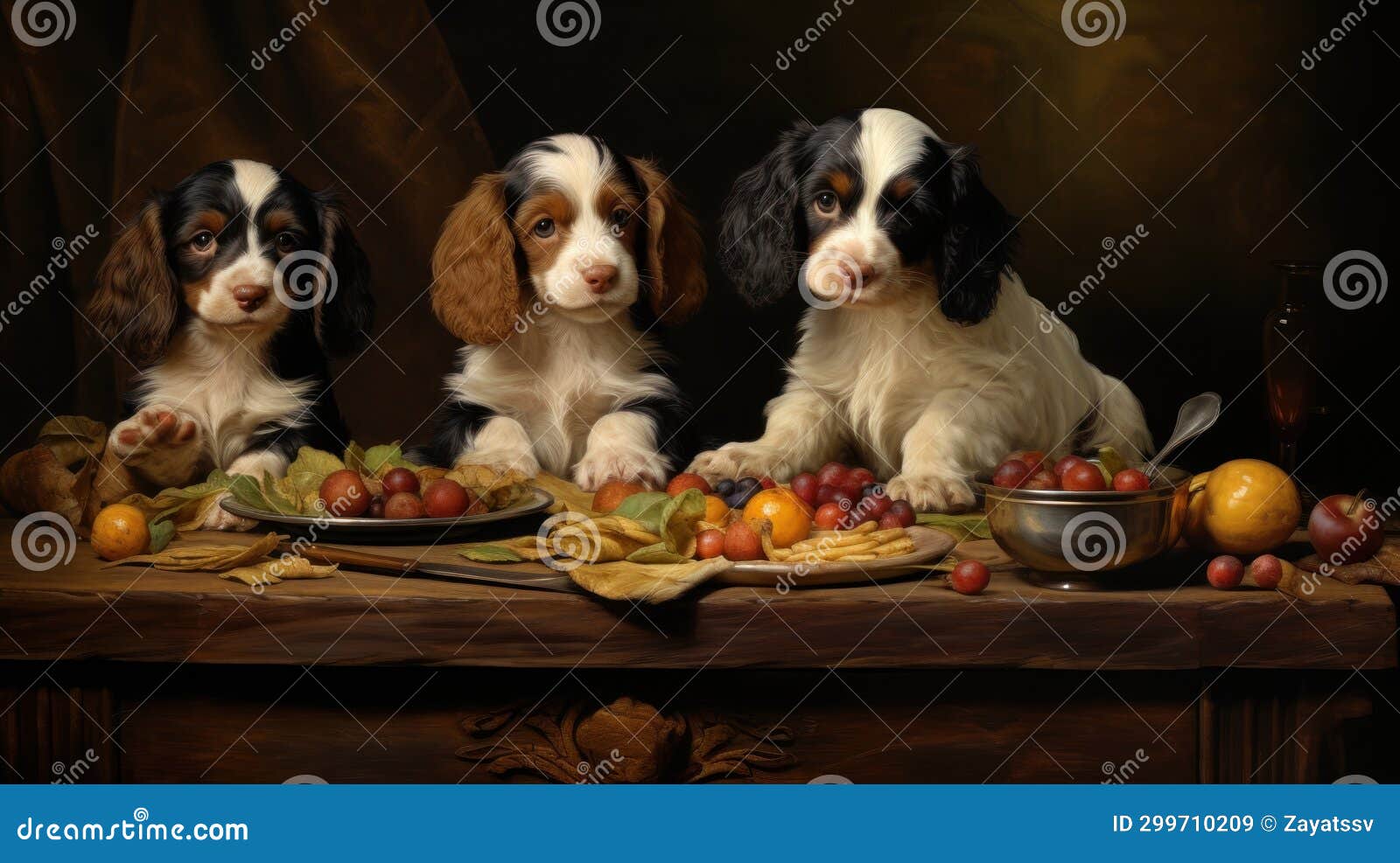 Three of Cute Puppies Dog Sitting at the Dinner Table with Lots of ...