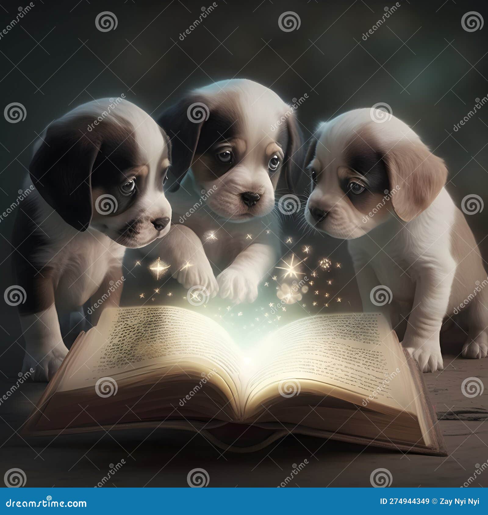 Three Cute Puppies Reading Magic Book about Bedtime Stories Stock ...