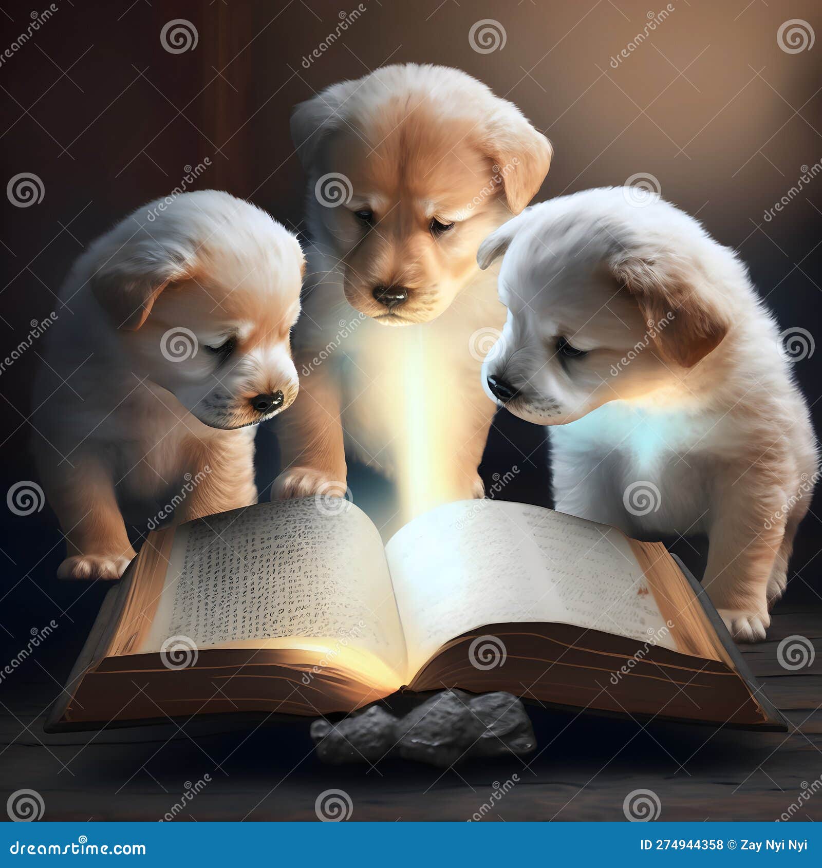 Three Cute Puppies Reading Magic Book about Bedtime Stories Stock ...