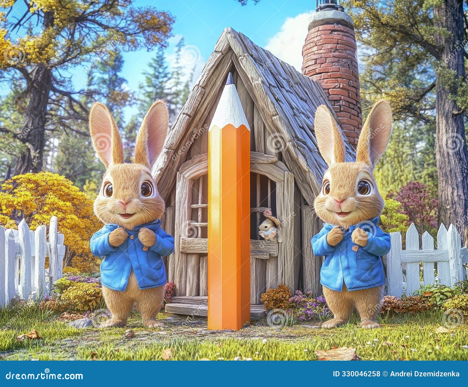 Three Cute Rabbits Stand in Front of a Farm Illustration Stock Photo ...