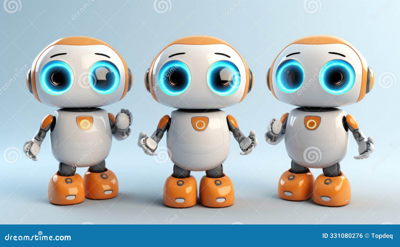 Three Cute Robot Friendly Digital Assistant Character with Glowing Blue ...