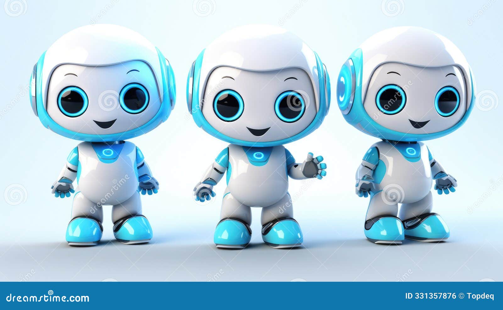 Three Cute Robot Friendly Digital Assistant Character with Glowing Blue ...