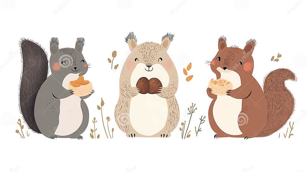 Three Cute Squirrels Holding Snacks in a Whimsical Illustration Stock ...