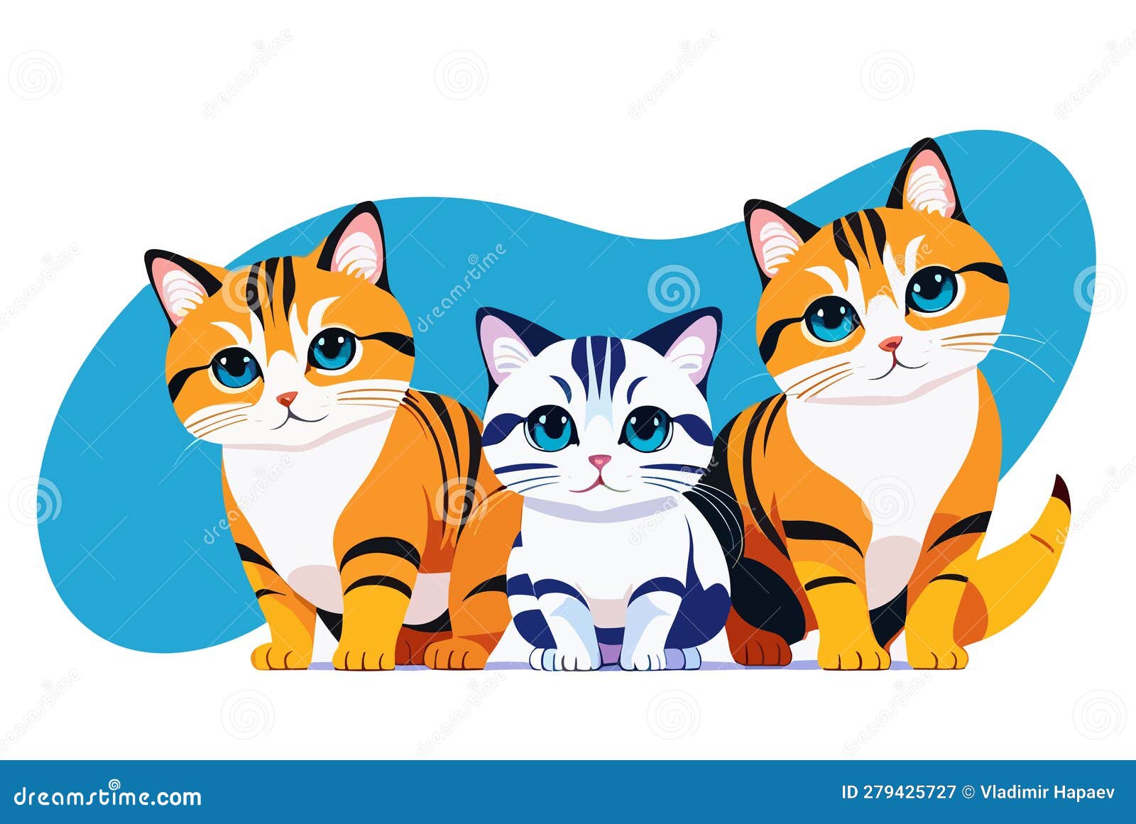 Three Cute Vector Cats on a Blue Background Stock Vector - Illustration ...