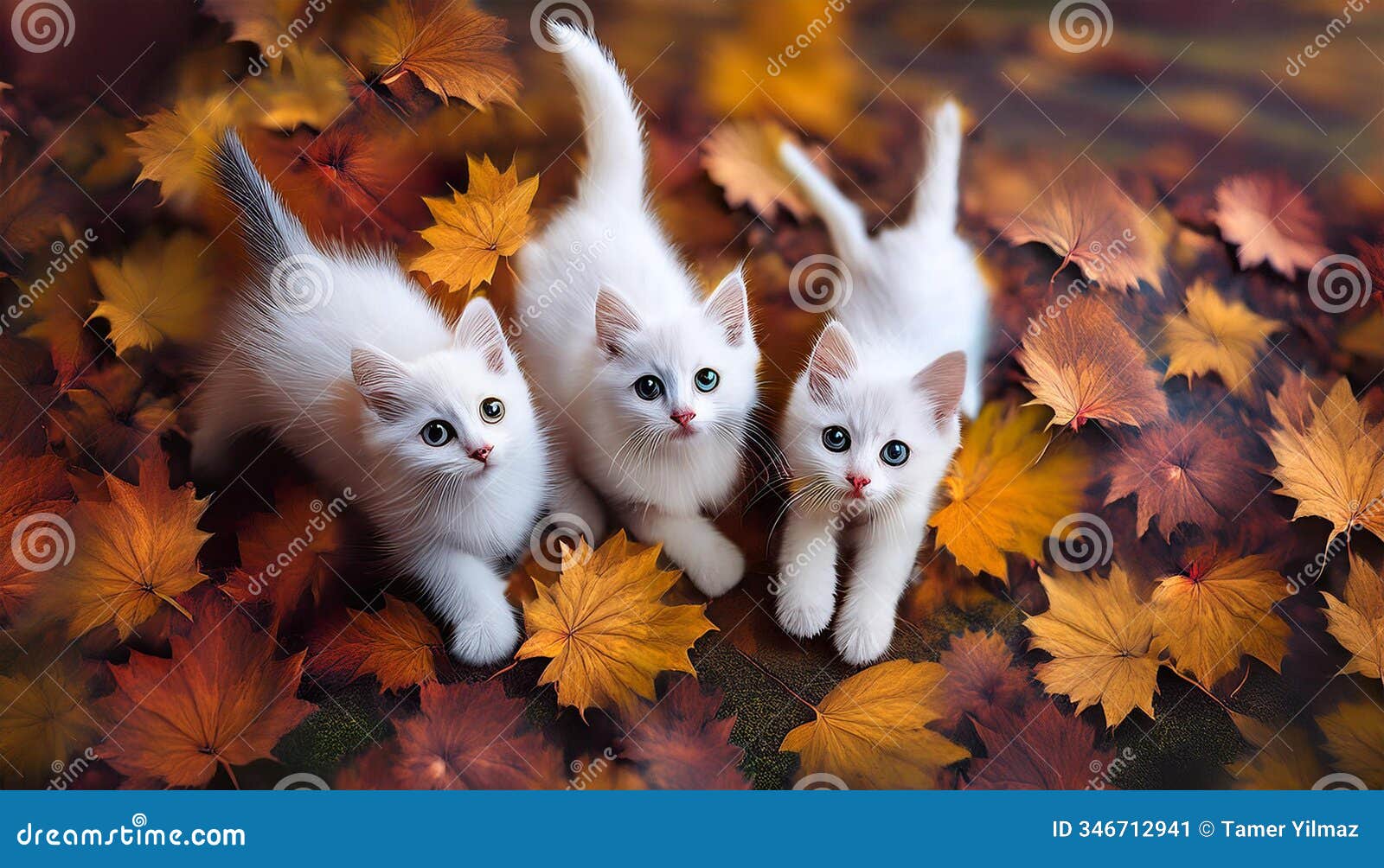 Three Cute White Kittens Look Curiously at the Yellowed Fall Leaves Stock Illustration ...