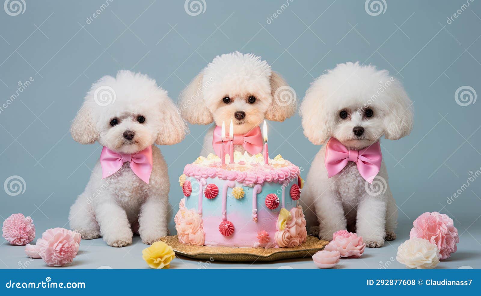 Three Cute White Mini Poodles Celebrating Their Birthday Stock Photo ...