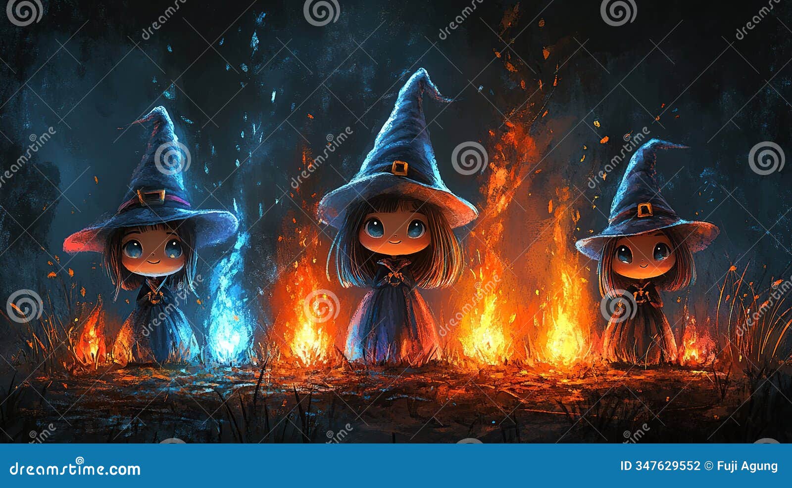 Three Cute Witches Casting Spells Over Flames and Blue Fire in a Dark ...
