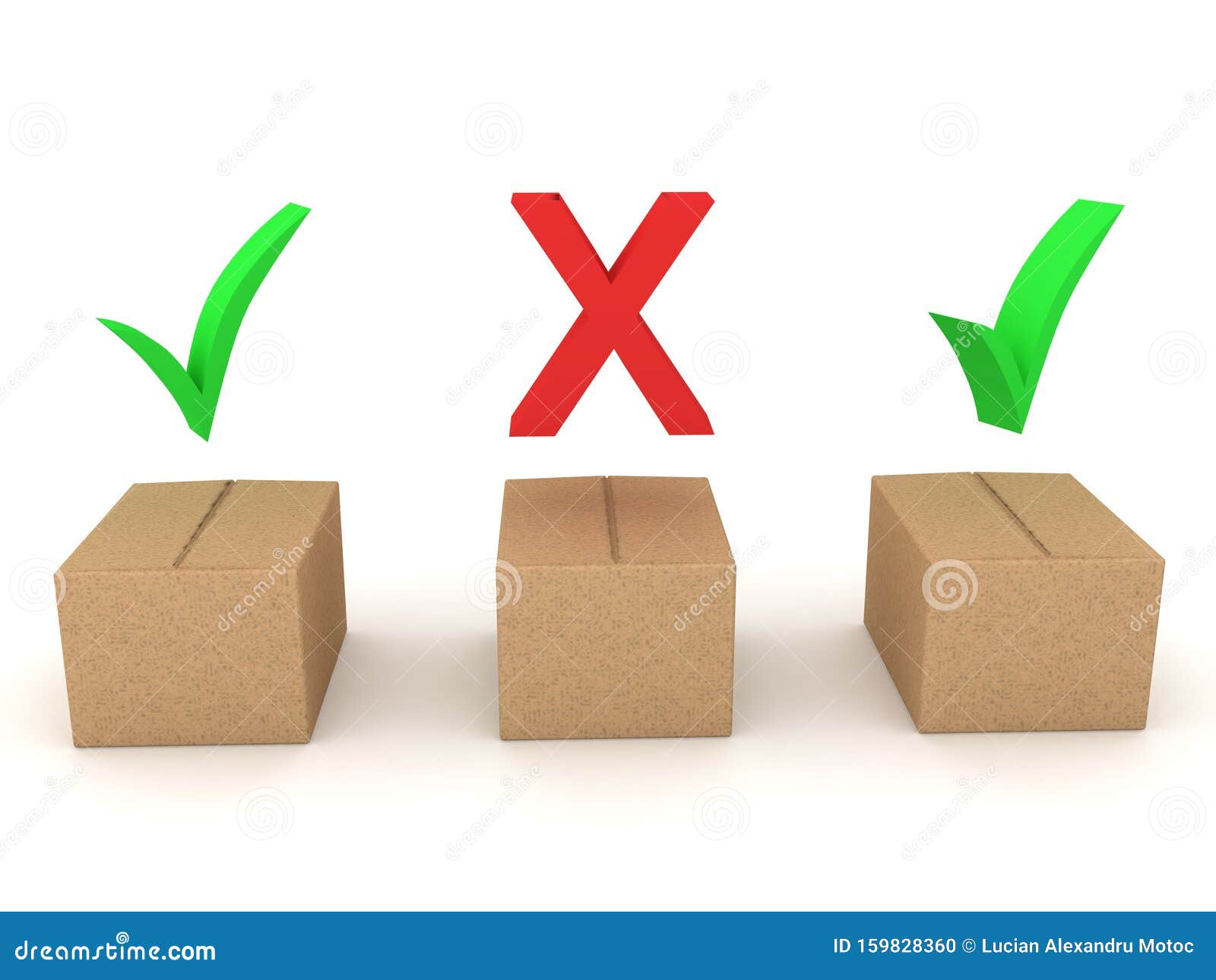 Three 3D Boxes, Two Have Green Checkmarks, Another Has Red X Above ...