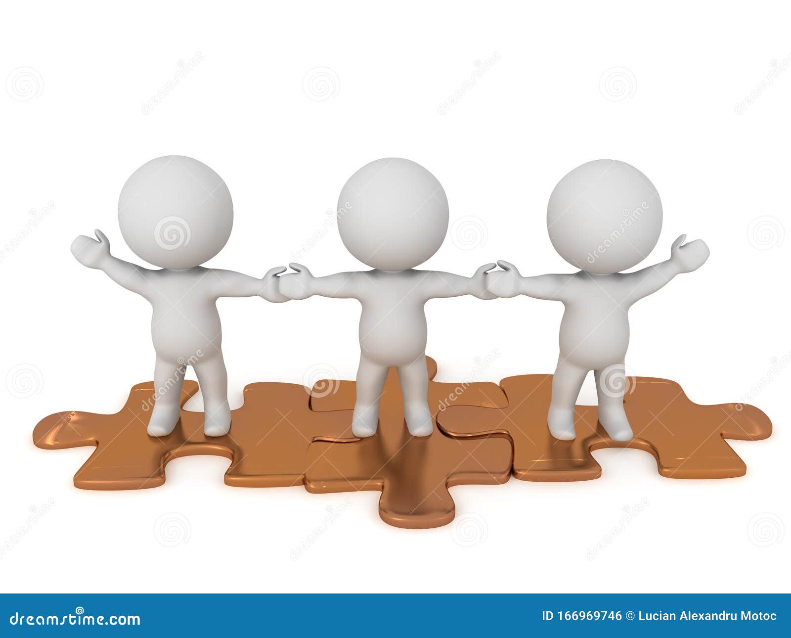 Three 3D Characters Holding Hands and Standing on Interconnected Puzzle ... Three 3D Characters Holding Hands and Standing on Interconnected Puzzle ...