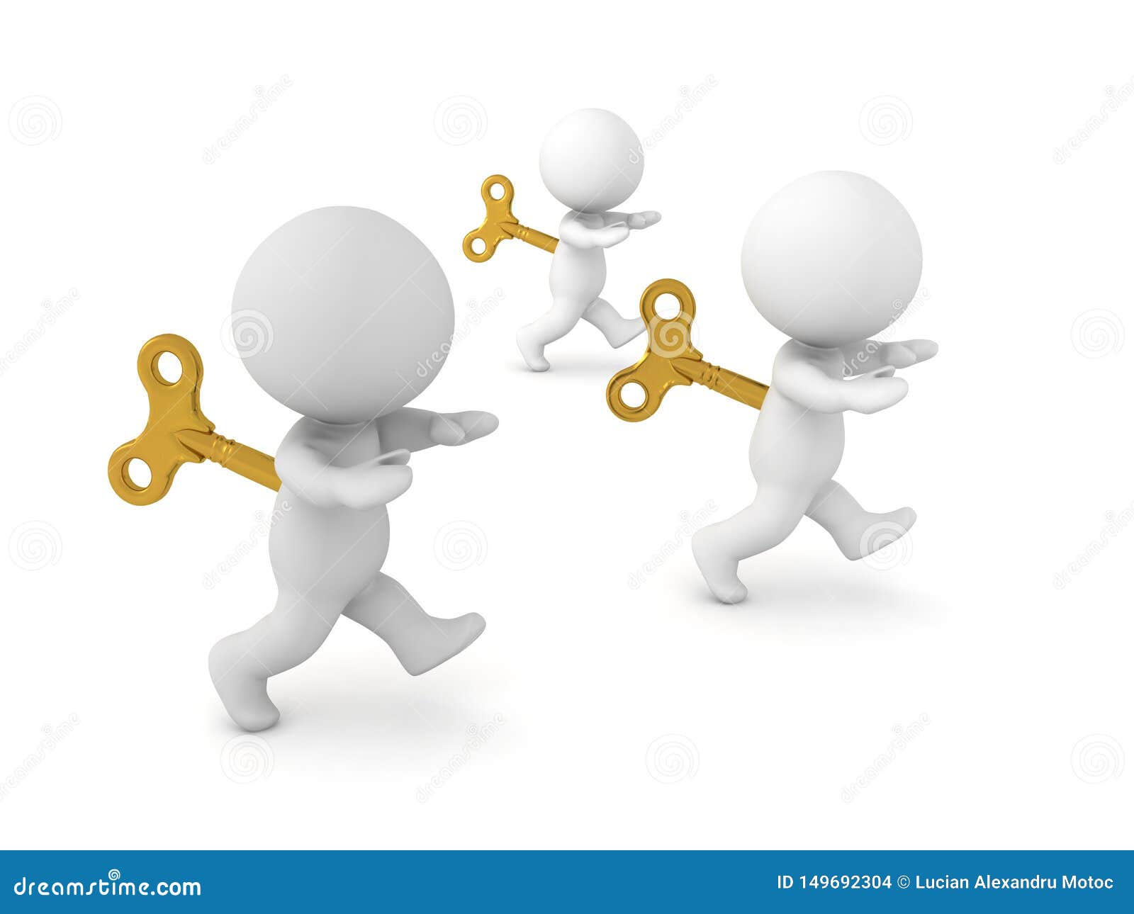 Three 3D Characters with Toy Wind-up Keys in Their Back Marching Stock ...