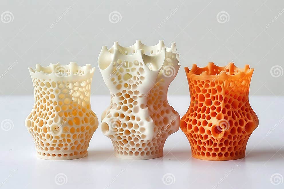 3D Printed Honeycomb Vases in White and Orange Stock Illustration ...