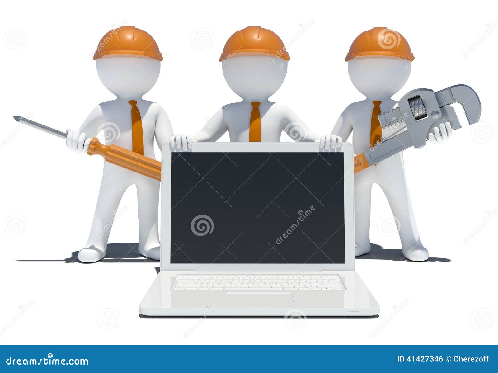 Three 3d White People with Tools and Laptop Stock Illustration ...