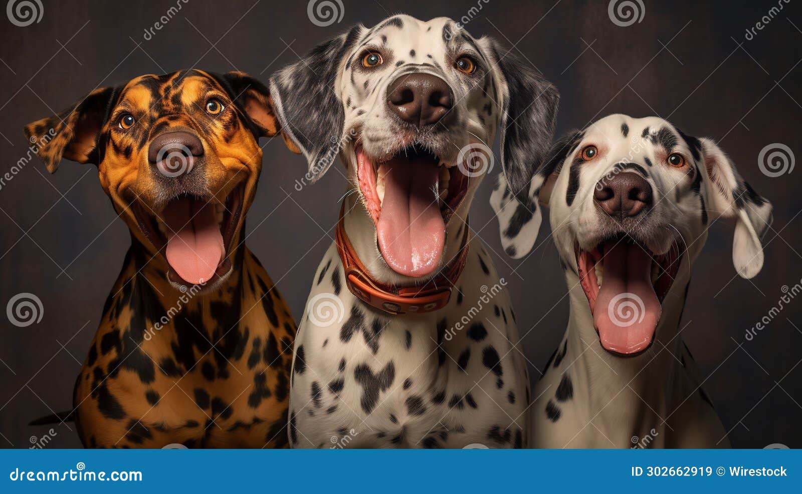 Three Dalmatian Dogs are Side by Side, Posing with Their Mouths Open ...
