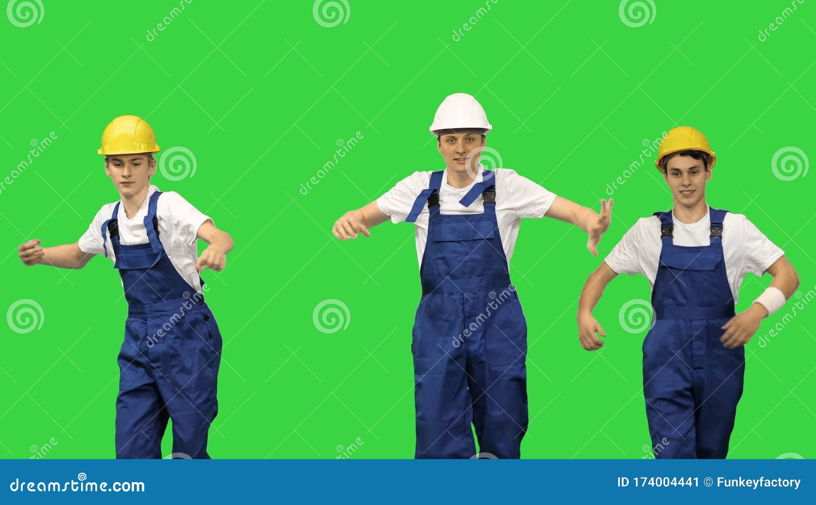 Three Dancing Construction Workers in Hard Hats on a Green Screen ...