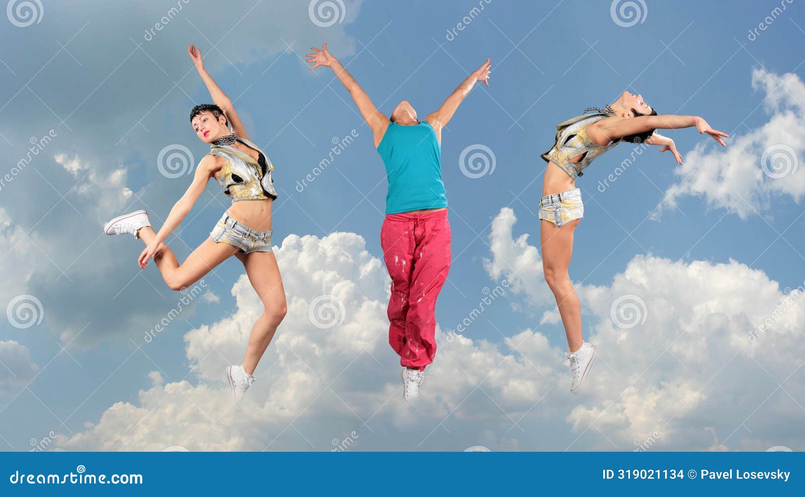 Three Dancing and Jumping Women in Clouds, Collage Stock Photo - Image ...