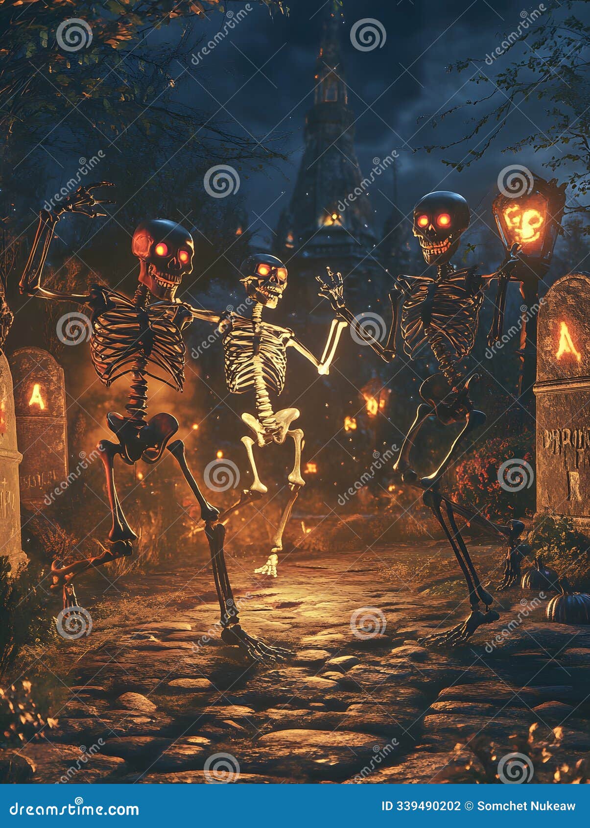 Three Dancing Skeletons in a Spooky Graveyard at Night Stock ...