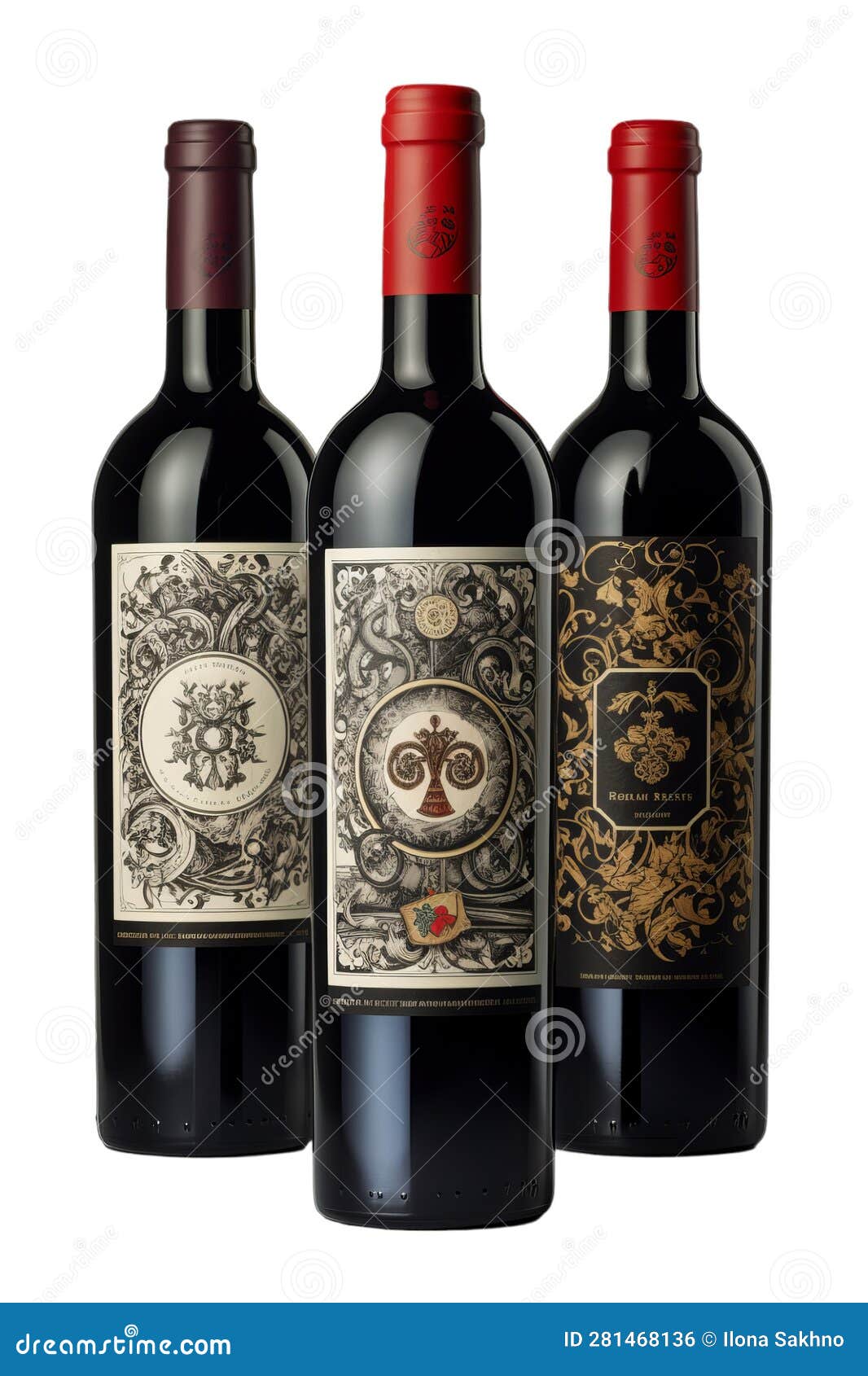 Three Dark Bottles of Wine with Dark Labels Stock Photo - Illustration ...