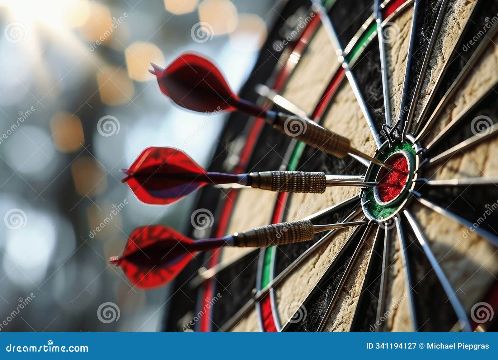 Three Darts Hitting Perfect on the Target Bullseye Stock Illustration ...