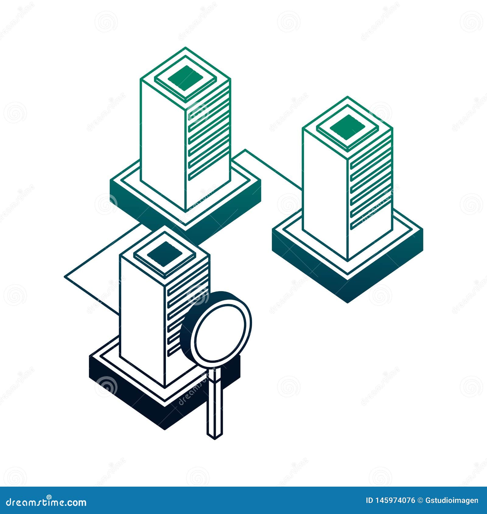 Three Database Center Storage Network Magnifying Glass Stock ...