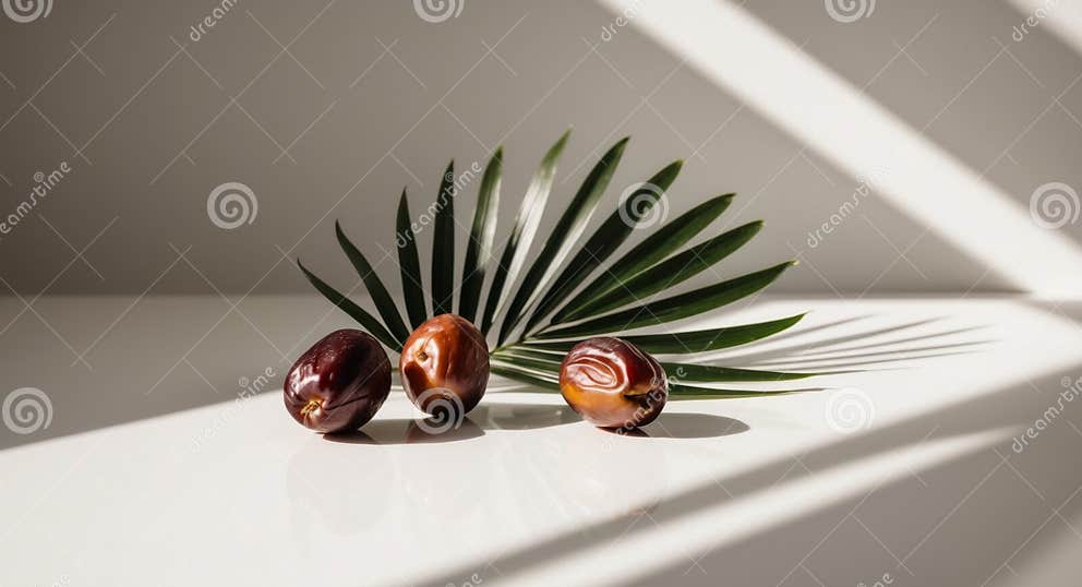 Three Dates on a White Surface with Palm Leaf and Sunlight Shadows ...