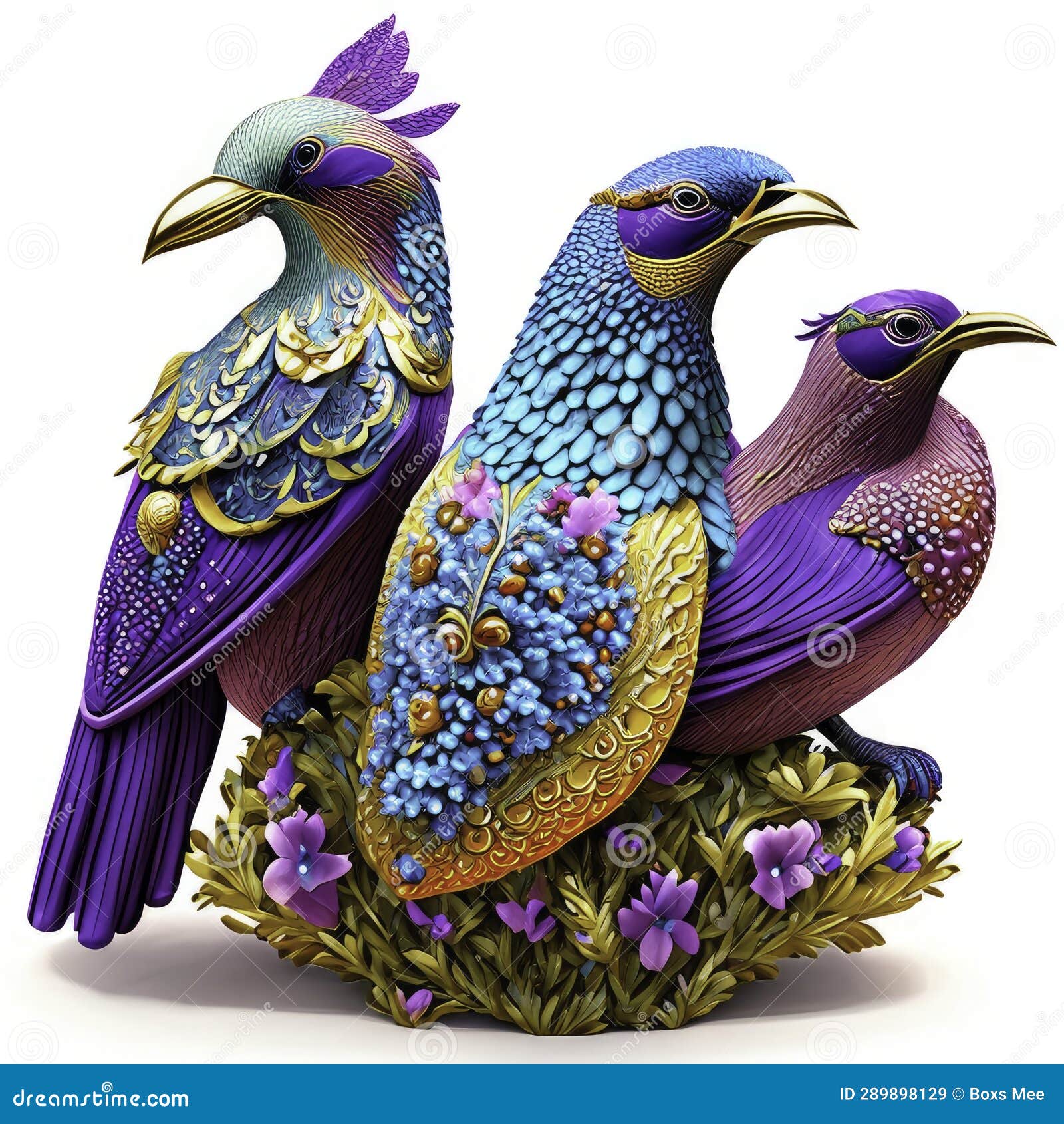 Three Decorative Birds Isolated on a White Background. 3d Render Stock ...