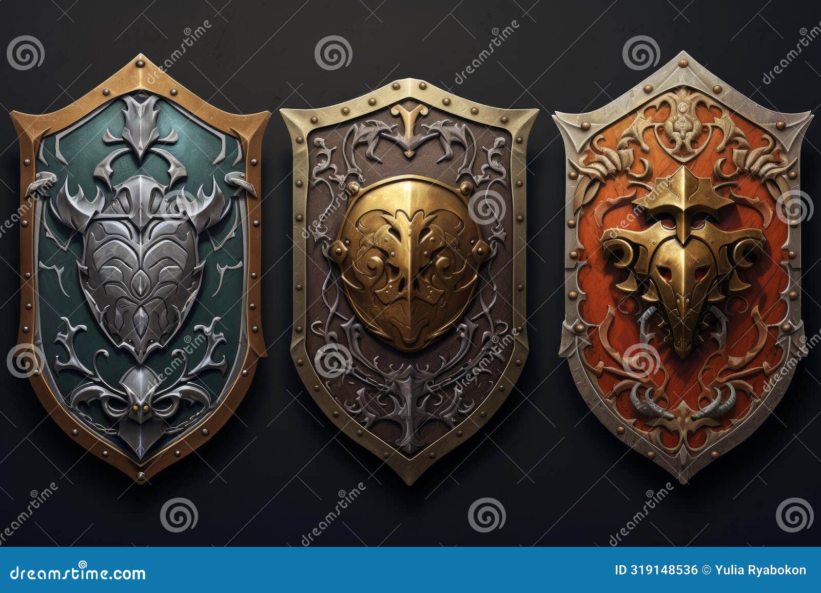 Trio of Medieval Shields on Dark Background Stock Photo - Image of ...
