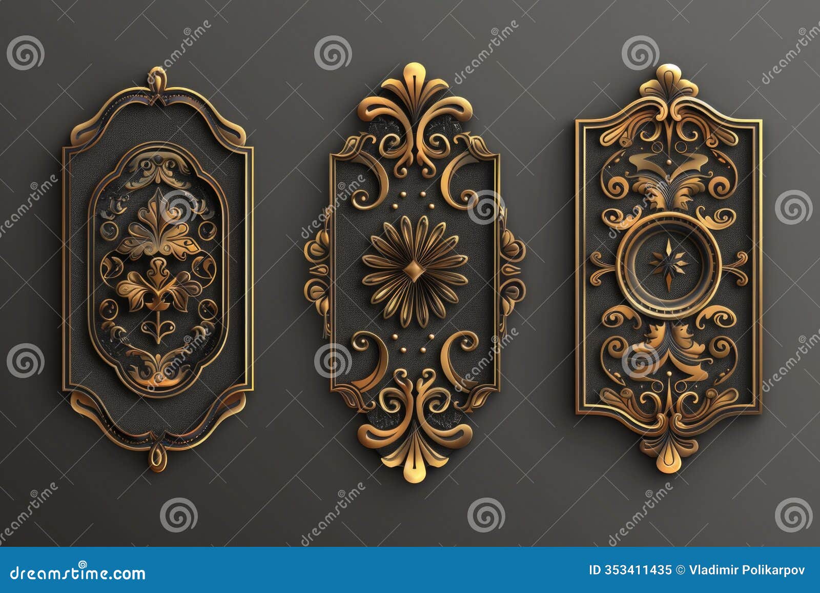Three Decorative Metal Plaques Mounted on a Wall, Suitable for Interior ...